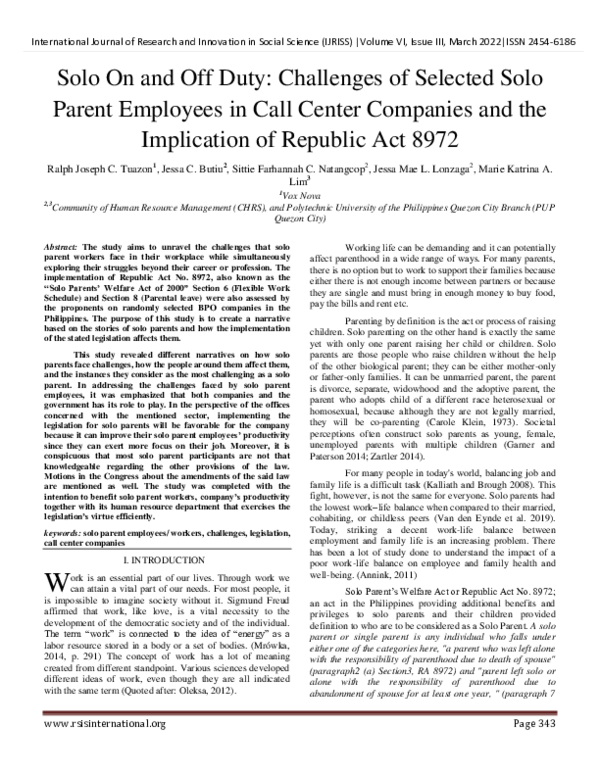 (PDF) Solo On and Off Duty: Challenges of Selected Solo Parent ...