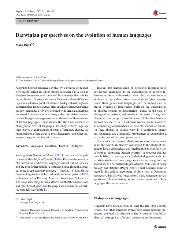 (PDF) Darwinian perspectives on the evolution of human languages