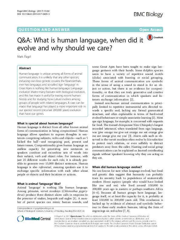 (PDF) Q&A: What is human language, when did it evolve and why should we ...