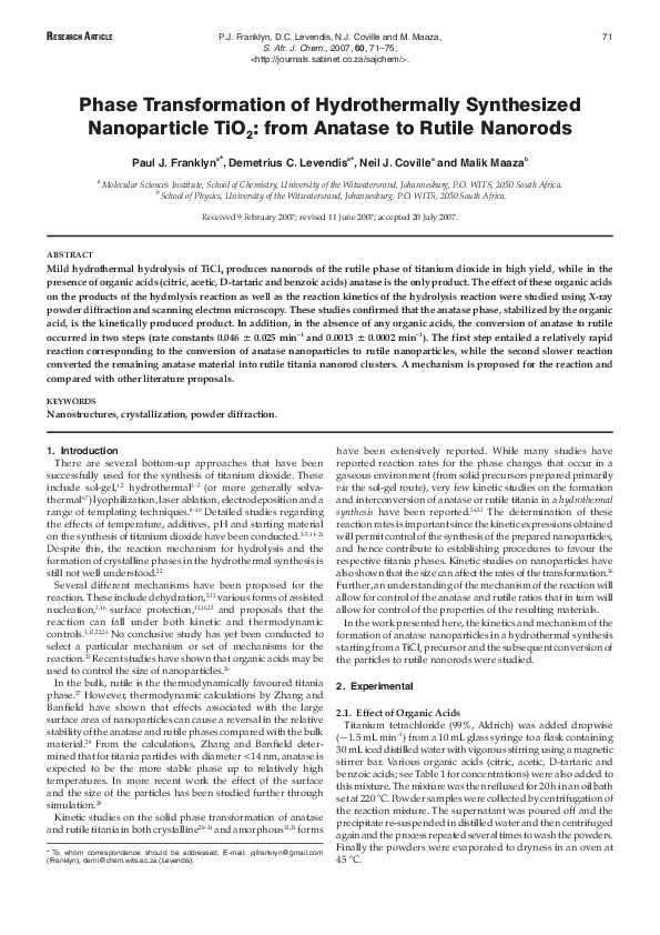 Phase Transformation Of Hydrothermally Synthesized Nanoparticles Of Tio2 From Anatase To Rutile