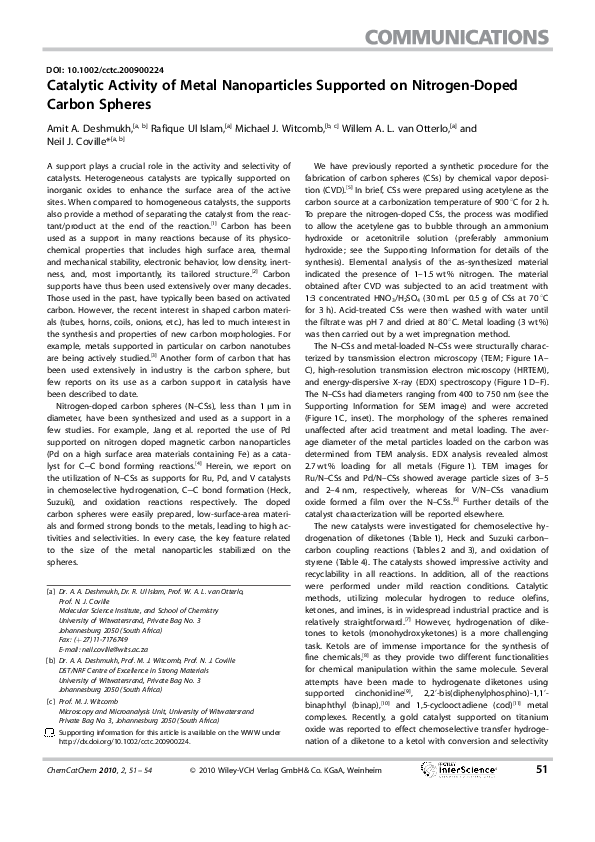 (PDF) Catalytic Activity of Metal Nanoparticles Supported on Nitrogen-Doped Carbon Spheres