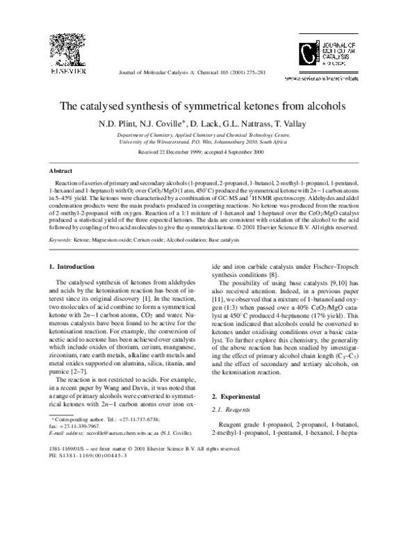 (PDF) The catalysed synthesis of symmetrical ketones from alcohols