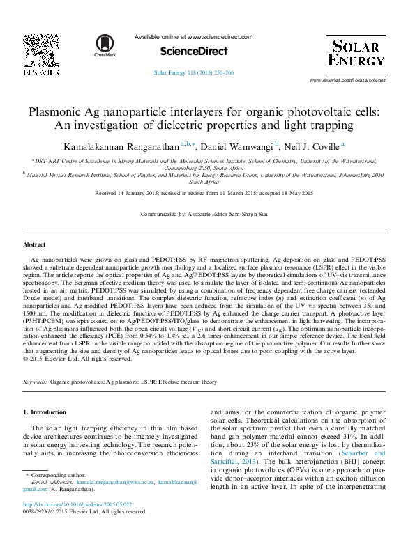 (PDF) Plasmonic Ag nanoparticle interlayers for organic photovoltaic ...