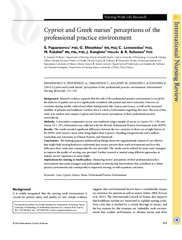 (PDF) Cypriot and Greek nurses' perceptions of the professional practice environment