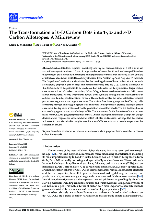 (PDF) The Transformation of 0-D Carbon Dots into 1-, 2- and 3-D Carbon ...