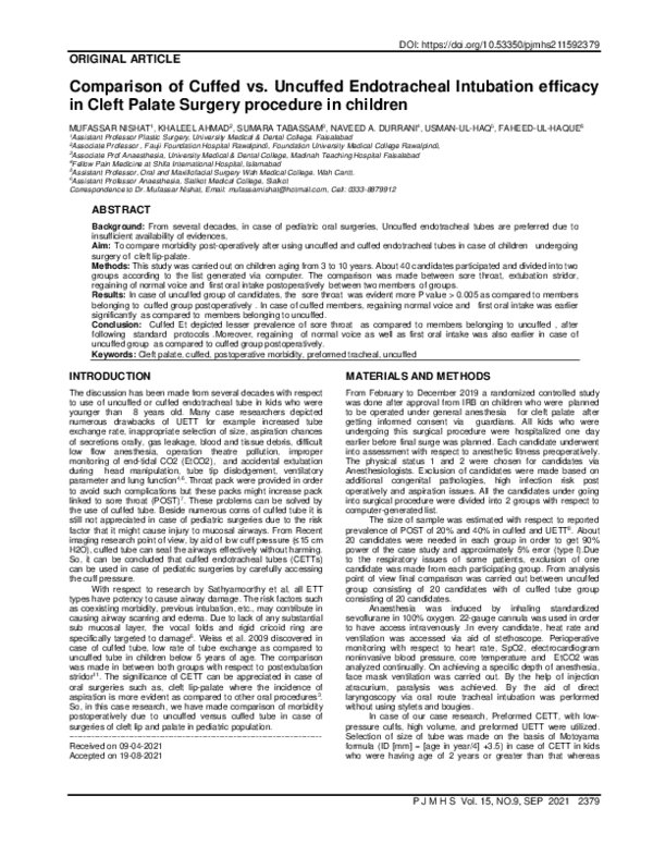 (PDF) Comparison of Cuffed vs. Uncuffed Endotracheal Intubation ...