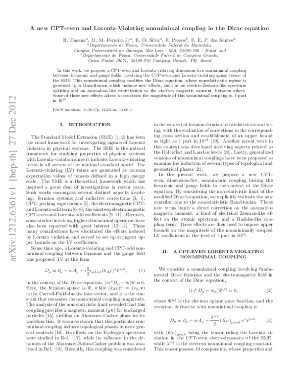 (PDF) NewCPT-even and Lorentz-violating nonminimal coupling in the Dirac equation