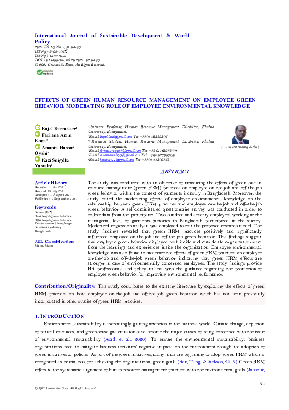 (PDF) Effects of Green Human Resource Management on Employee Green Behavior: Moderating Role of ...