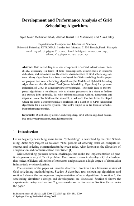 Pdf Development And Performance Analysis Of Grid Scheduling Algorithms Ahmad Mahmod