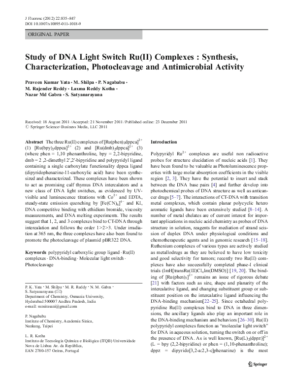 (PDF) Study of DNA Light Switch Ru(II) Complexes : Synthesis, Characterization, Photocleavage ...
