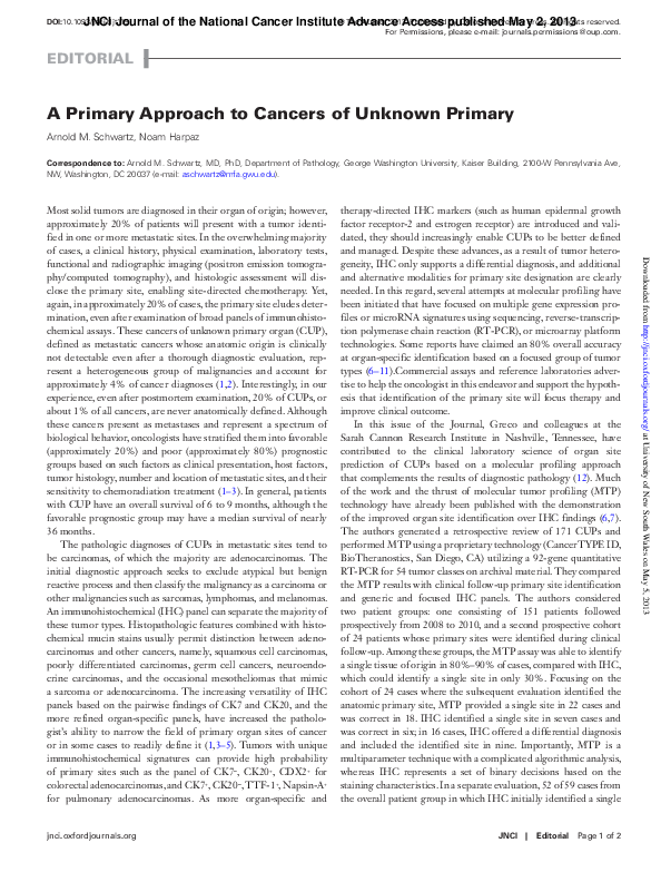 (PDF) A Primary Approach to Cancers of Unknown Primary | arnold ...