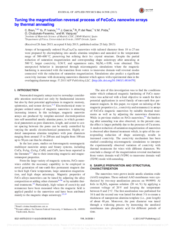 (PDF) Tuning the magnetization reversal process of FeCoCu nanowire arrays by thermal annealing