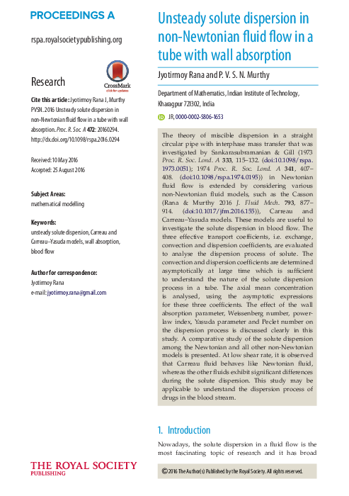 (PDF) Unsteady solute dispersion in non-Newtonian fluid flow in a tube ...
