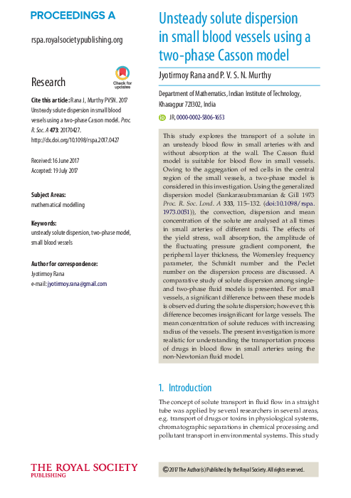 (PDF) Unsteady solute dispersion in small blood vessels using a two ...