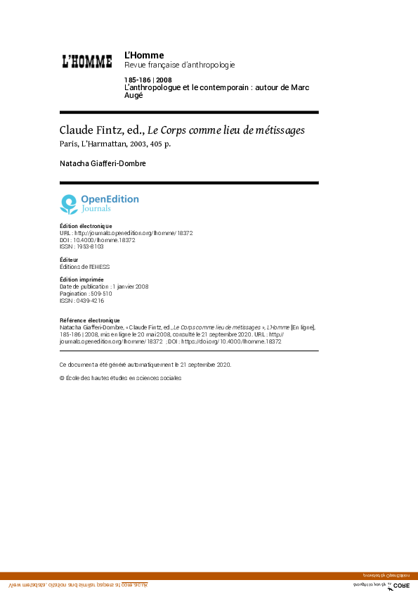 (PDF) Claude Fintz, ed., Le Corps comme lieu de métissages