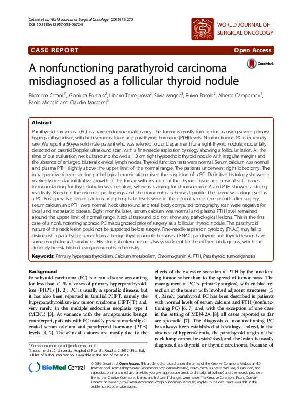(PDF) A nonfunctioning parathyroid carcinoma misdiagnosed as a ...