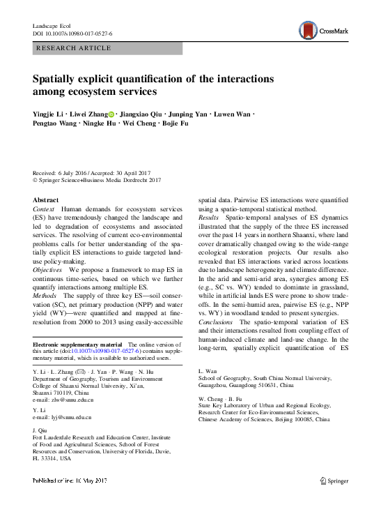 (PDF) Spatially explicit quantification of the interactions among ecosystem services