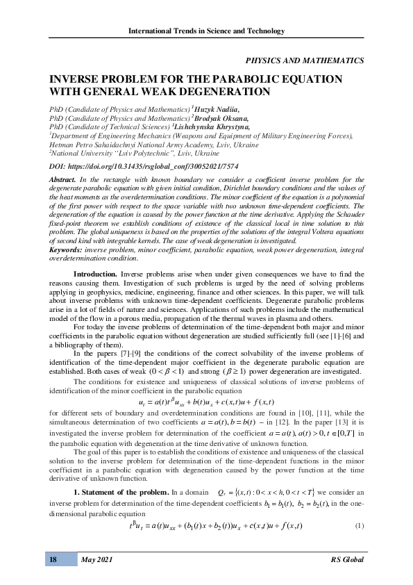 Pdf Inverse Problem For The Parabolic Equation With General Weak Degeneration 