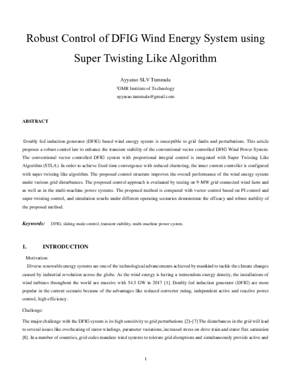 Pdf Robust Control Of Dfig Wind Energy System Using Super Twisting Like Algorithm Ayyarao