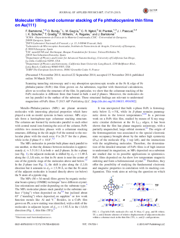 (PDF) Molecular tilting and columnar stacking of Fe phthalocyanine thin ...