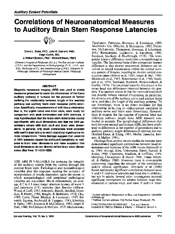(PDF) Correlations of Neuroanatomical Measures to Auditory Brain Stem Response Latencies | Diane ...