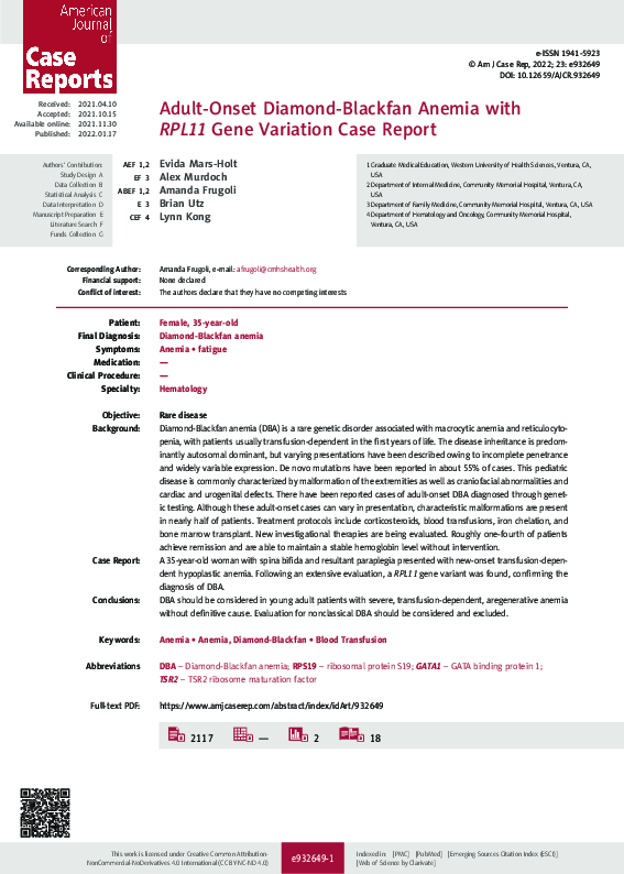 (PDF) Adult-Onset Diamond-Blackfan Anemia with RPL11 Gene Variation ...