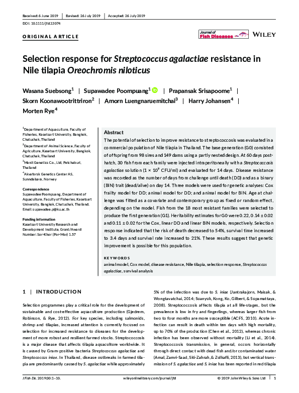 (PDF) Selection response for Streptococcus agalactiae resistance in Nile tilapia Oreochromis ...