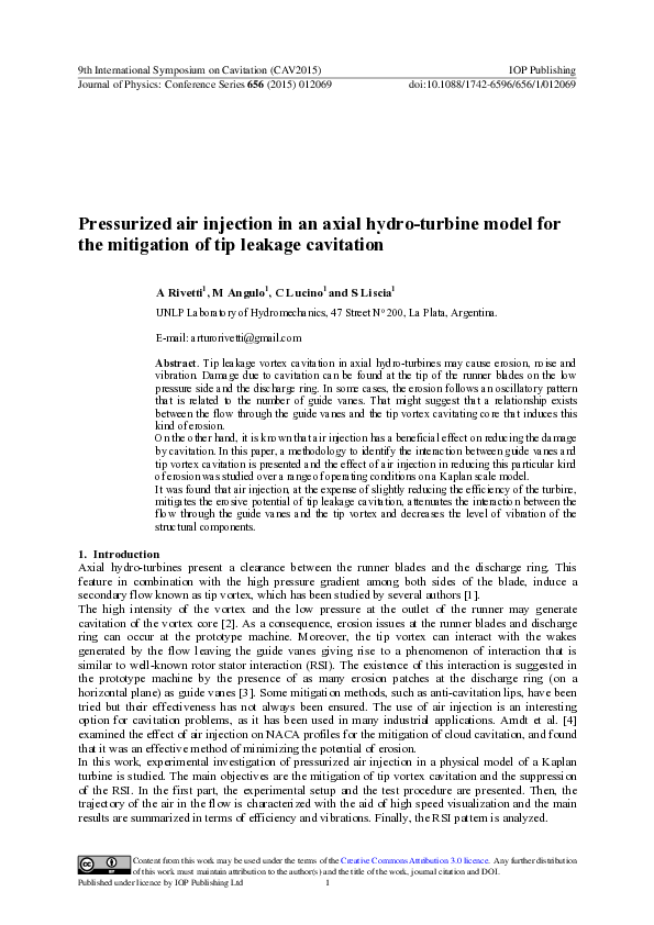 (PDF) Pressurized air injection in an axial hydro-turbine model for the mitigation of tip ...