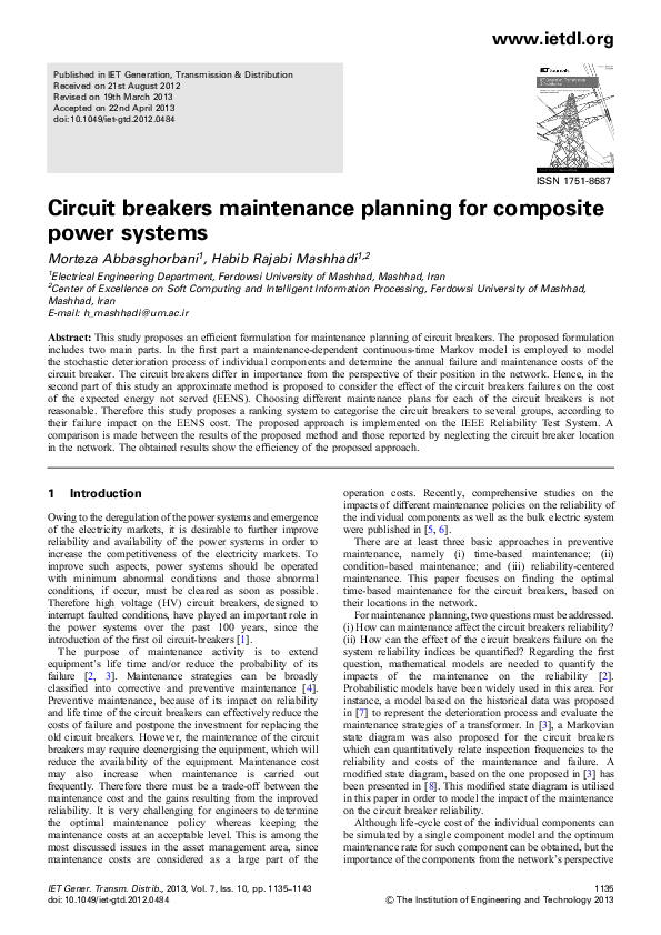 (PDF) Circuit breakers maintenance planning for composite power systems