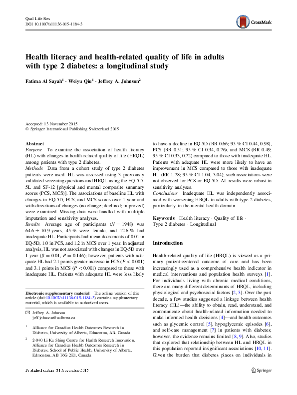 Pdf Health Literacy And Health Related Quality Of Life Among A