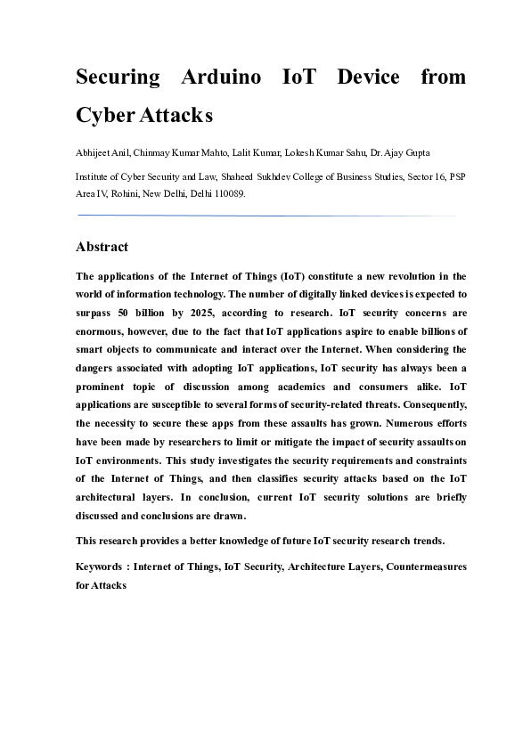 Pdf Securing Arduino Iot Device From Cyber Attacks