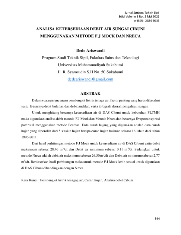 (PDF) Analisa Ketersediaan Debit Air Sungai Cibuni Menggunakan Metode F.J Mock Dan Nreca