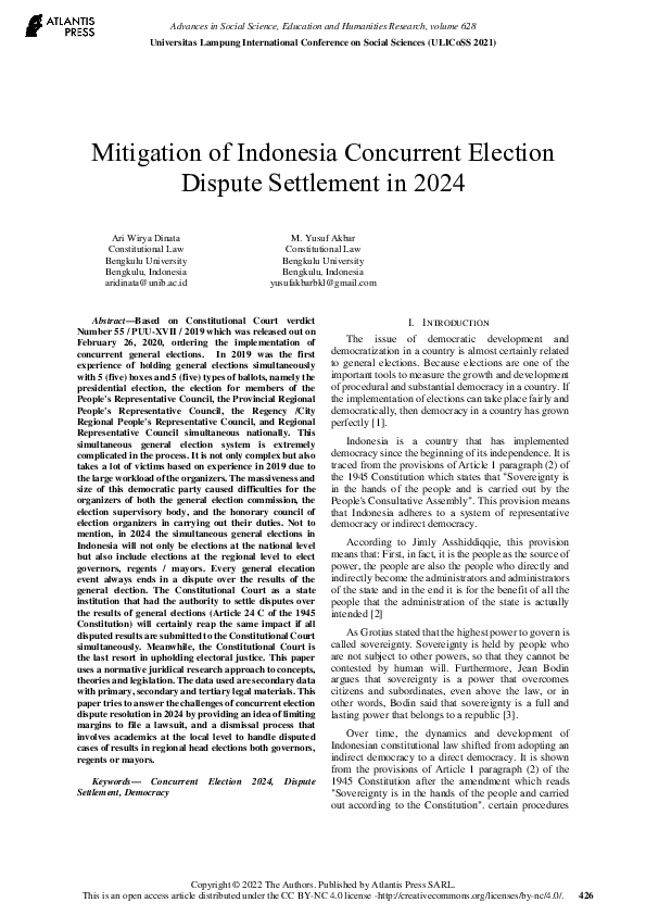 Pdf Mitigation Of Indonesia Concurrent Election Dispute Settlement In