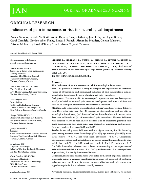 (PDF) Indicators of pain in neonates at risk for neurological ...