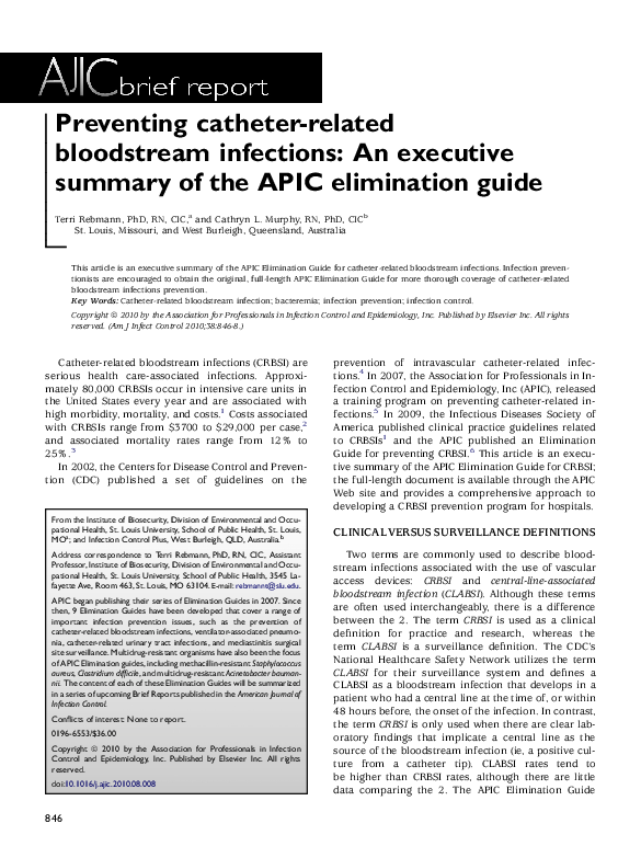(PDF) Preventing catheter-related bloodstream infections: An executive ...