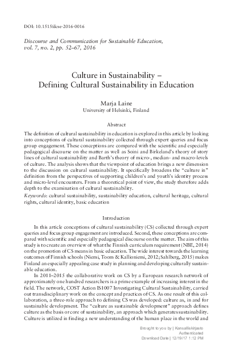 (PDF) Culture in Sustainability – Defining Cultural Sustainability in ...