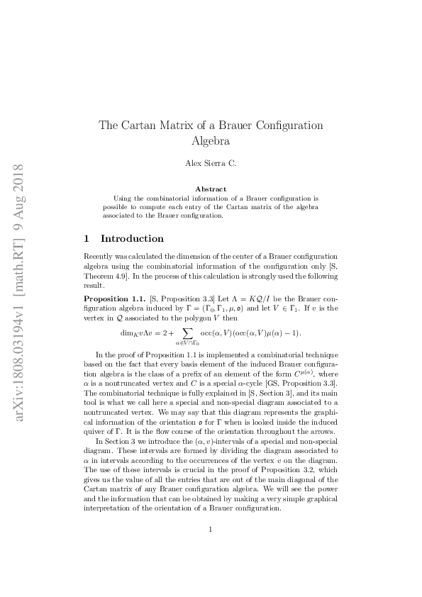 (PDF) The Cartan Matrix of a Brauer Configuration Algebra | Alex Sierra ...