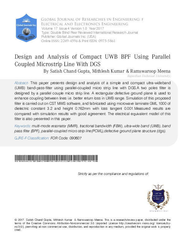 Pdf Design And Analysis Of Compact Uwb Bpf Using Parallel Coupled Microstrip Line With Dgs