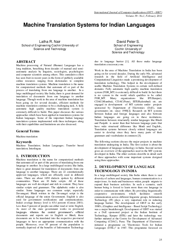 (PDF) Machine Translation Systems for Indian Languages | Latha Nair ...
