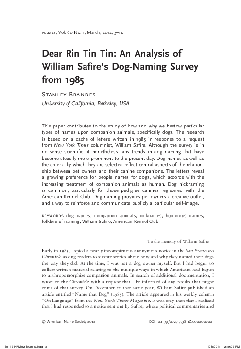 (PDF) Dear Rin Tin Tin: An Analysis of William Safire’s Dog-Naming ...