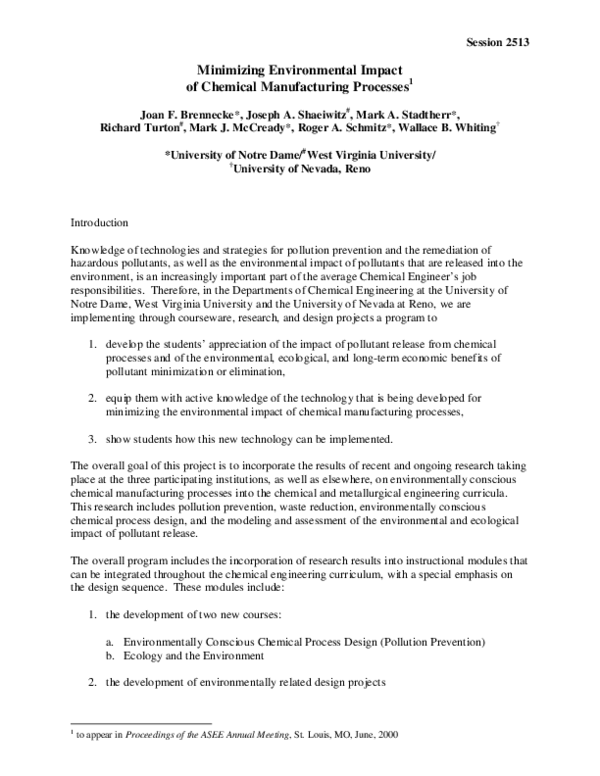 (PDF) Minimizing Environmental Impact Of Chemical Manufacturing Processes