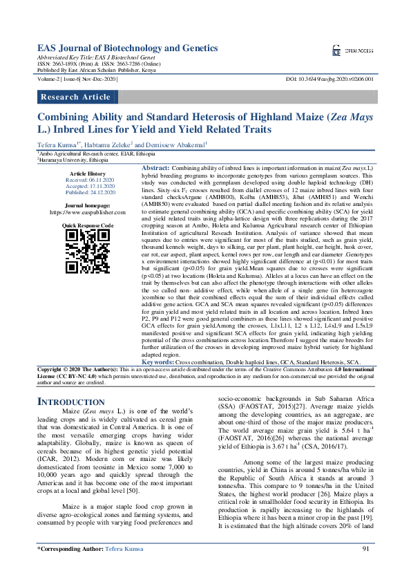 (PDF) Combining Ability and Standard Heterosis of Highland Maize (Zea Mays L.) Inbred Lines for ...