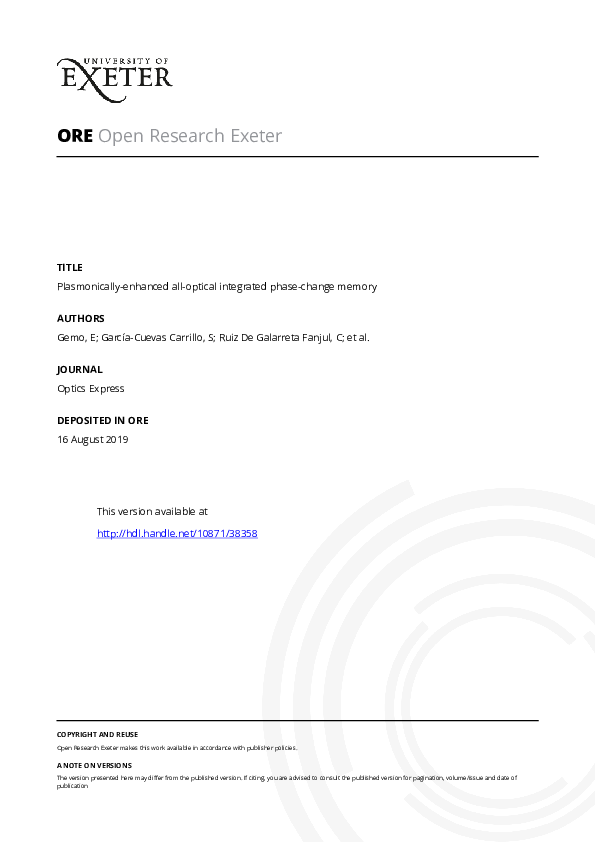 (PDF) Plasmonically-enhanced all-optical integrated phase-change memory
