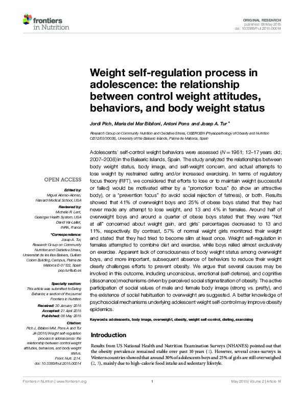 (PDF) Weight Self-Regulation Process in Adolescence: The Relationship ...