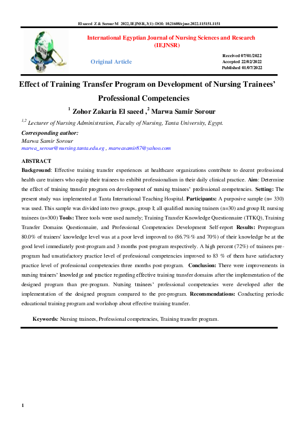 (PDF) Effect of Training Transfer Program on Development of Nursing ...