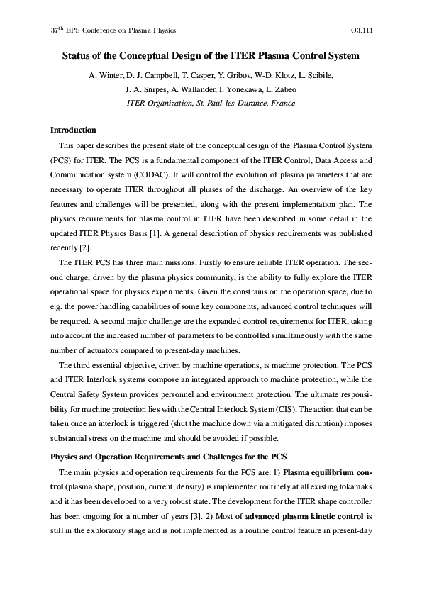 (PDF) Physics of the conceptual design of the ITER plasma control system