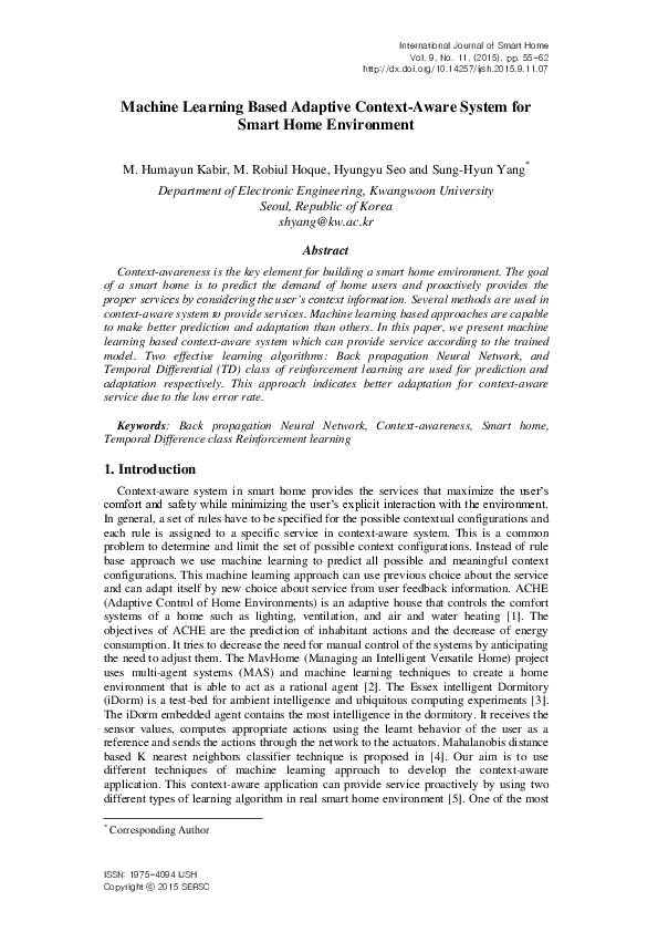 Pdf Machine Learning Based Adaptive Context Aware System For Smart