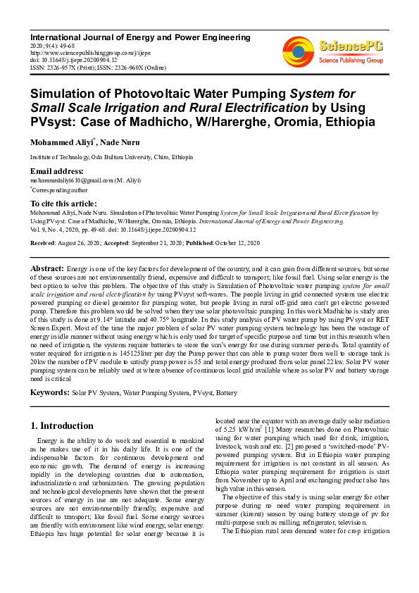 (PDF) Simulation of Photovoltaic Water Pumping System for Small Scale Irrigation and Rural ...