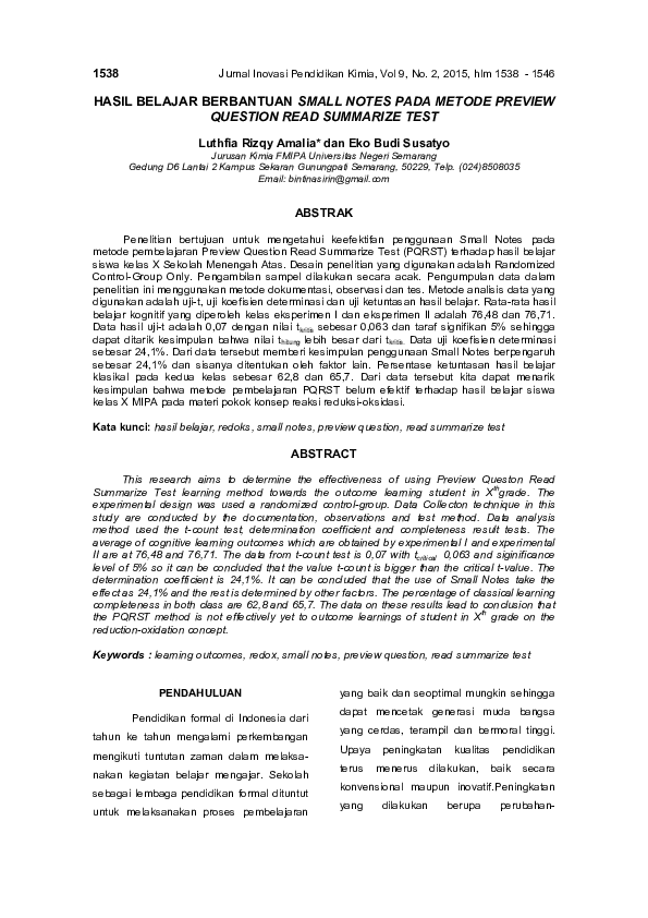 (PDF) Hasil Belajar Berbantuan Small Notes Pada Metode Preview Question ...