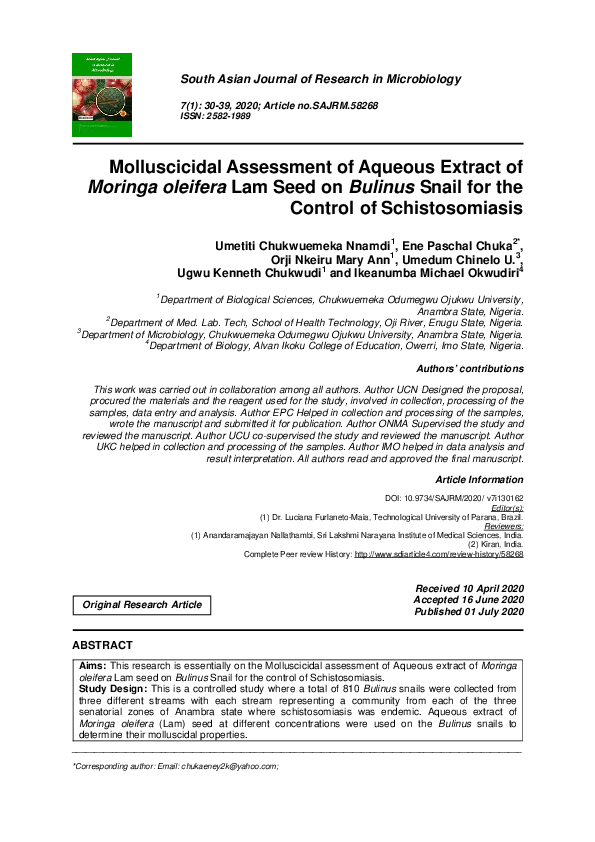 (PDF) Molluscicidal Assessment of Aqueous Extract of Moringa oleifera Lam Seed on Bulinus Snail ...
